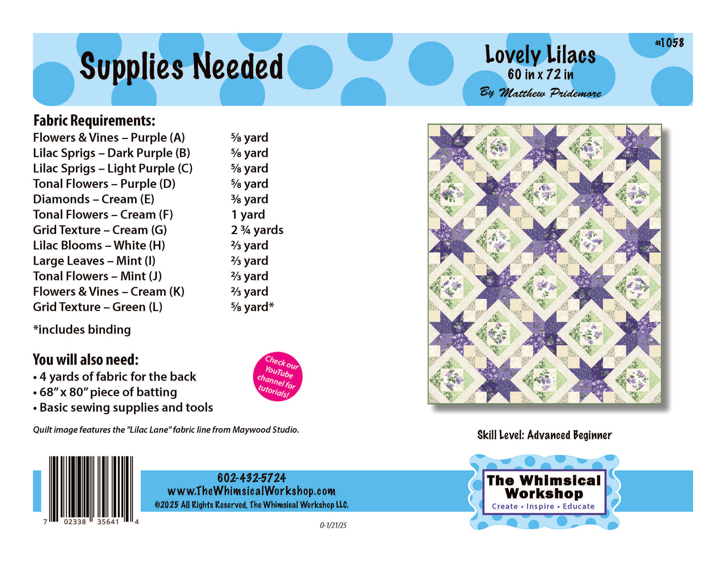Lovely Lilacs Quilt Pattern - 60” x 72” by Matthew Pridemore Featuring ...